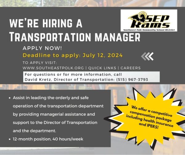 Transportation Manager Wanted! | Southeast Polk (SEP) CSD